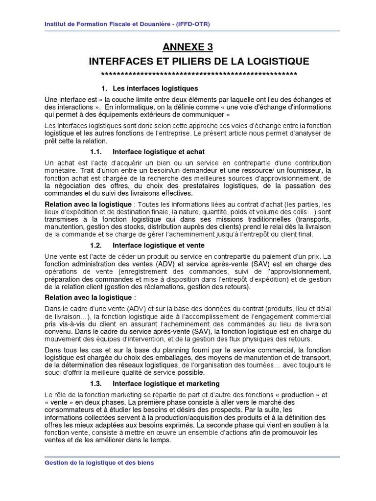 Annexe 3 - Interfaces Et Piliers de La Logistique | PDF | Logistique | Sodles