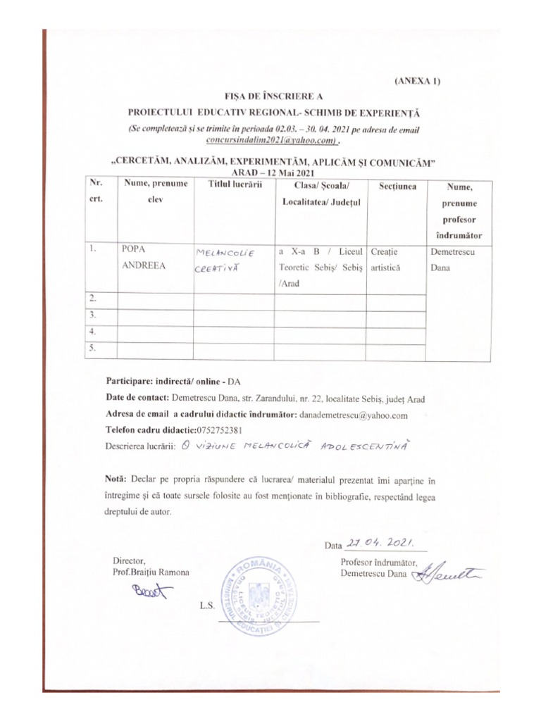 Fisa de Inscriere | PDF