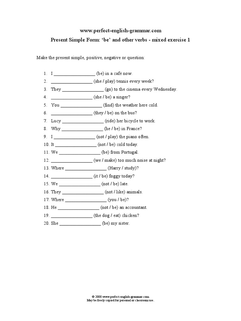 Present Simple Mixed Exercise 1 Be and Other Verbs | PDF