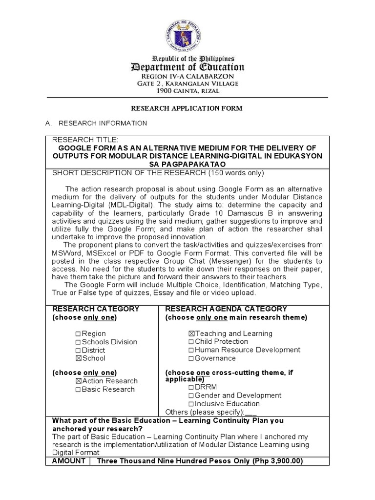 Research Application Form - Ryan L Batangantang | PDF | Conflict Of ...