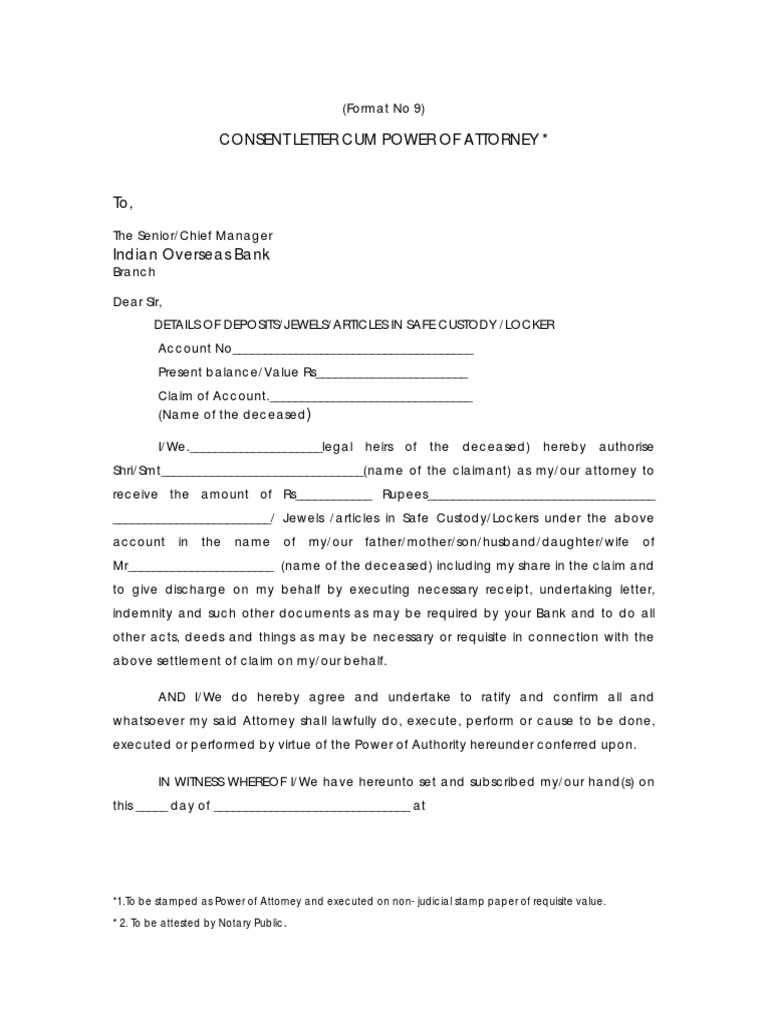 Consent Letter and Power of Attorney for Claiming Deposits, Jewels, and Articles from a Deceased ...