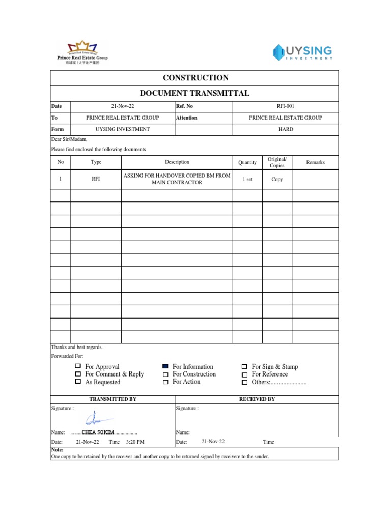 RFI - 001 - Document Transmittal | PDF