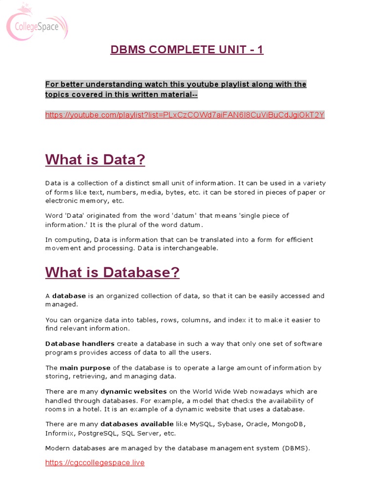 DBMS Unit - 1 | PDF | Relational Database | Databases
