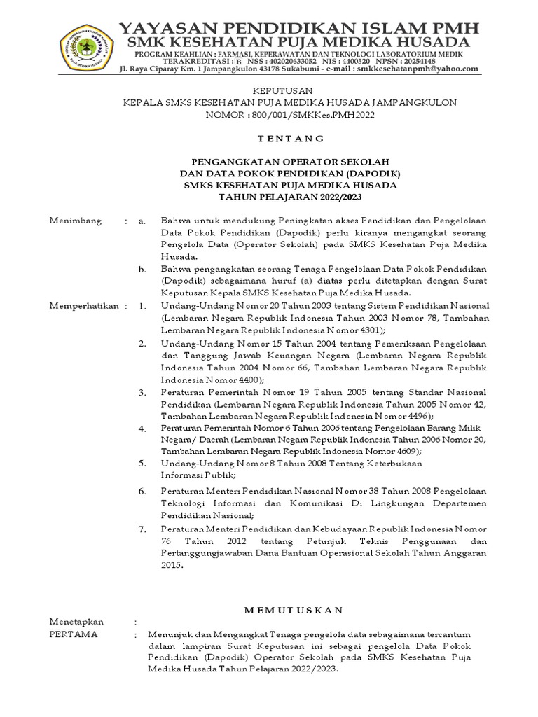 SK Operator Dapodik Tahun 2022-2023 | PDF