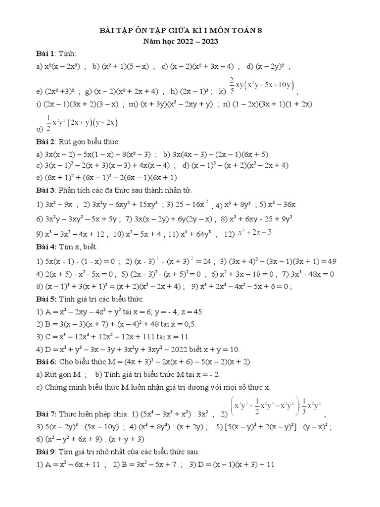 ĐC ÔN TẬP GKI TOÁN 8 2022 - 2023 | PDF
