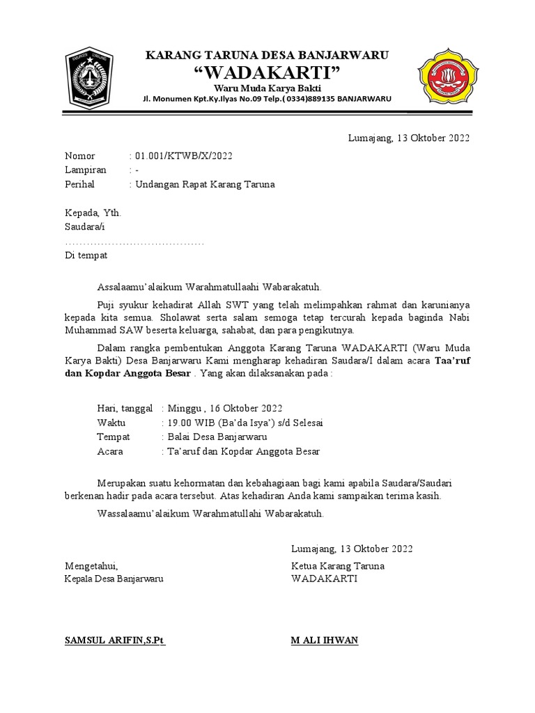 Contoh Undangan Rapat Karang Taruna | PDF