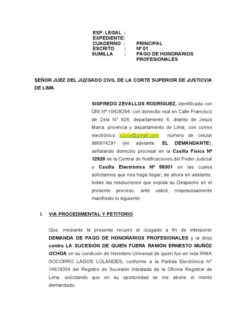 Demanda Pago de Honorarios Abogado | PDF | Demanda judicial | Herencia Demanda Pago de Honorarios Abogado | PDF | Demanda judicial | Herencia
