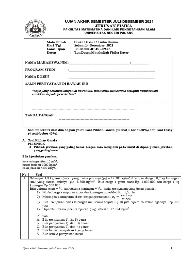 Soal-Uas Fisika Dasar1 2021-Final | PDF