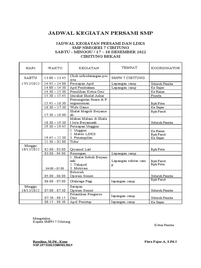 Jadwal Kegiatan Persami SMP | PDF