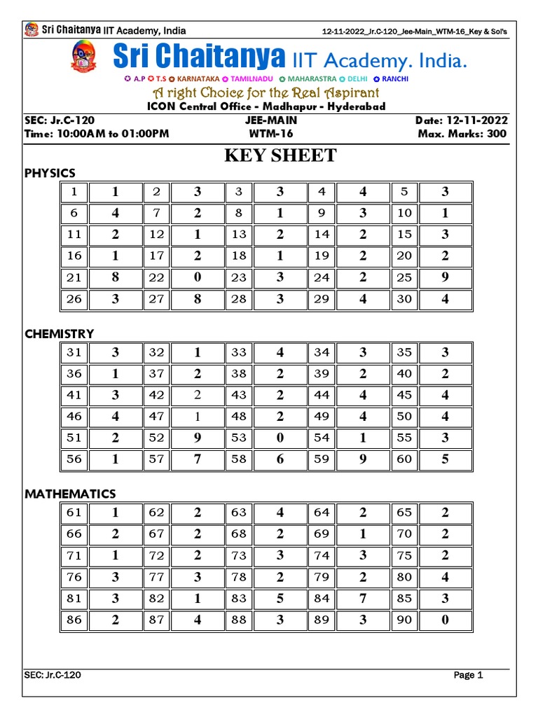 12-11-2022 - JrC-120 - Jee-Main - WTM-16 - Key & Sol's - 221112 ...