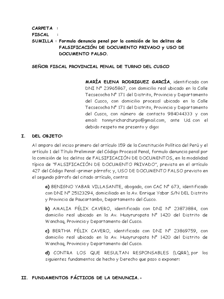 Denuncia Falsificacion Documento | PDF | Derecho penal | Principios éticos