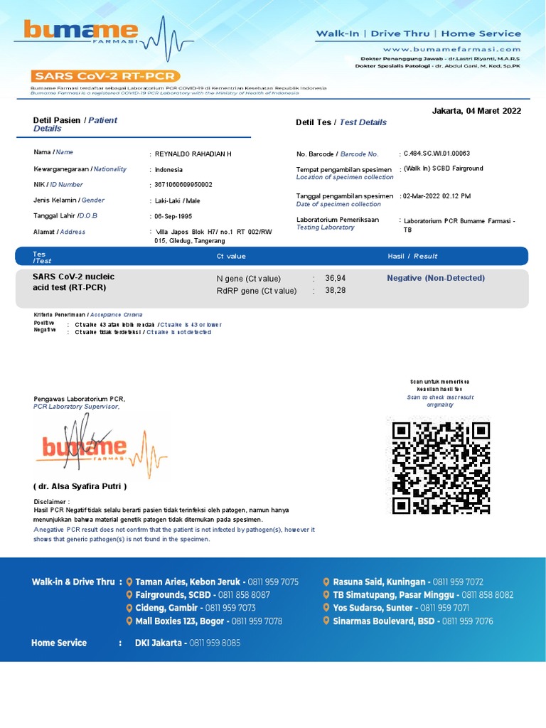 Hasil Tes PCR Negatif Bumame Farmasi | PDF