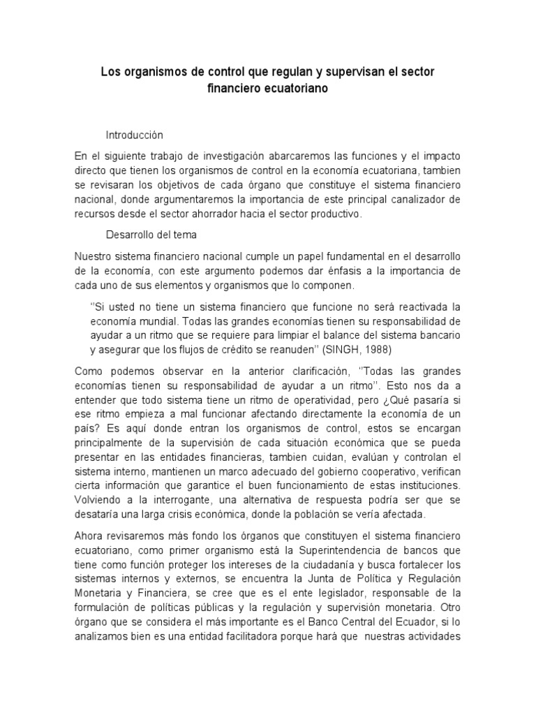 Los Organismos de Control Que Regulan y Supervisan El Sector Financiero ...