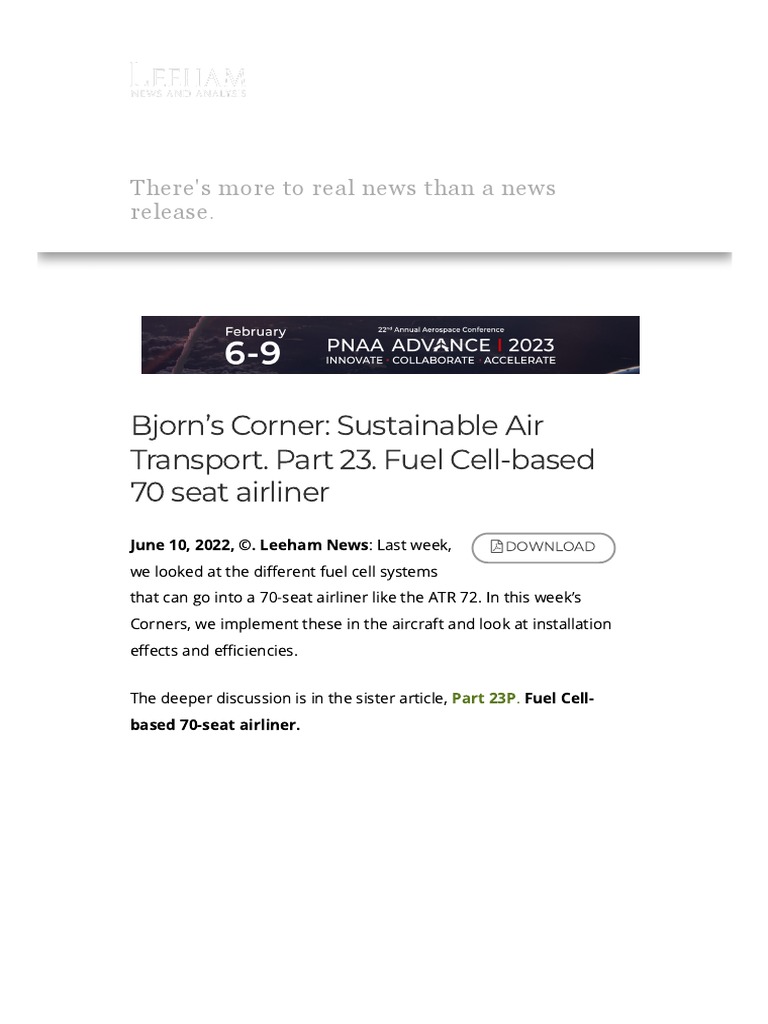 Bjorn's Corner - Sustainable Air Transport. Part 23. Fuel Cell-Based 70 ...