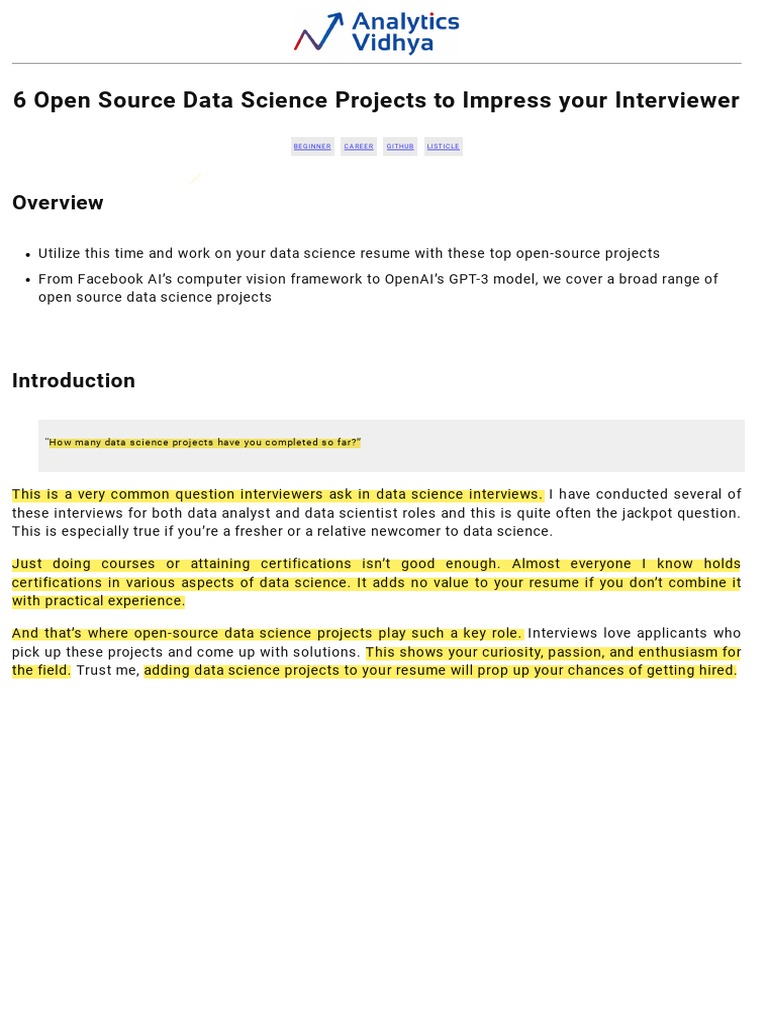 6 Open Source Data Science Projects Interviewer Pdf Computer Vision 2590