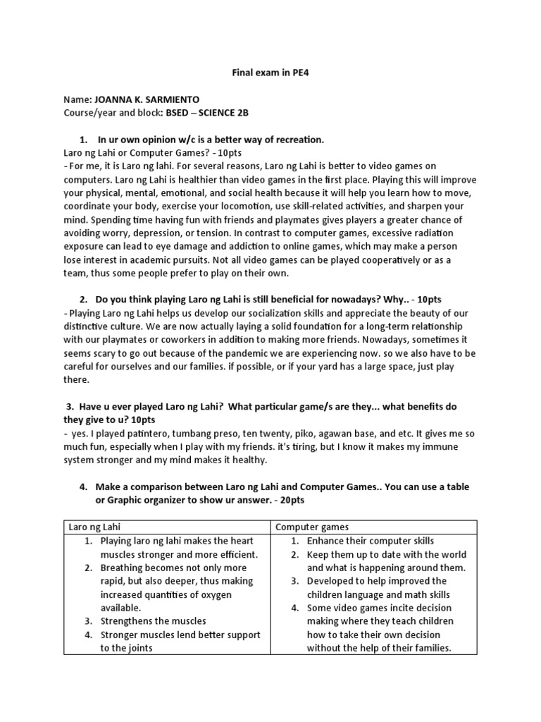 Final Exam in PE4 2nd Sem | PDF | Video Games
