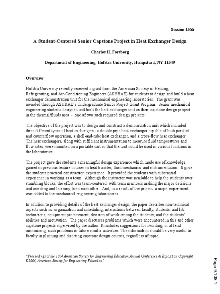A Student Centered Senior Capstone Project in Heat Exchanger Design ...