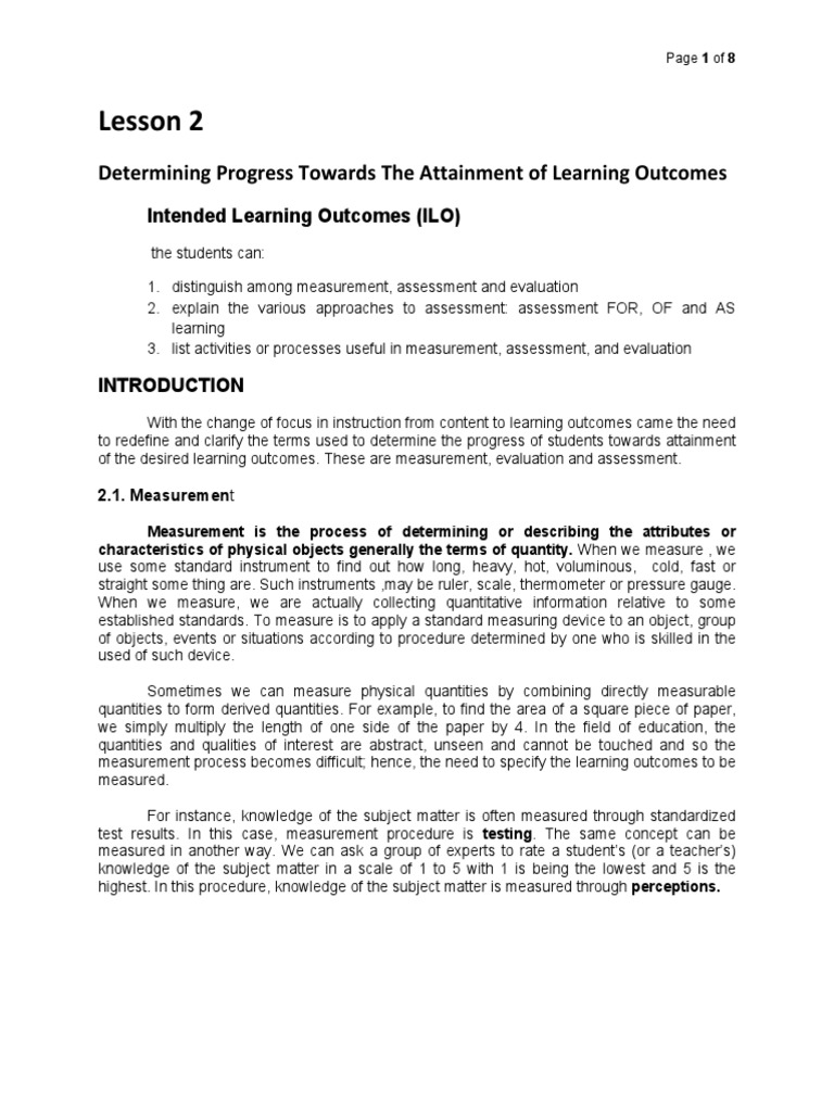 DPE 104 ASL 1&2-Lesson 2-Determing Progress Towards The Attainment of Learning Outcomes | PDF ...