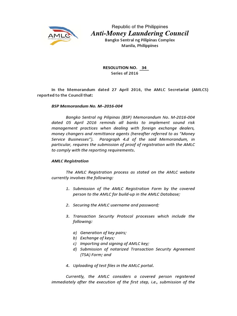 AMLC Resolution No. 34, Series of 2016 | PDF | Computer Security | Security