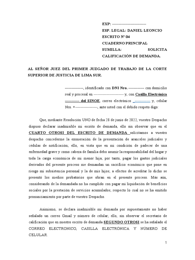 Modelo Escrito - Celeridad en Calificación de Demanda | PDF | Demanda judicial | Gobierno