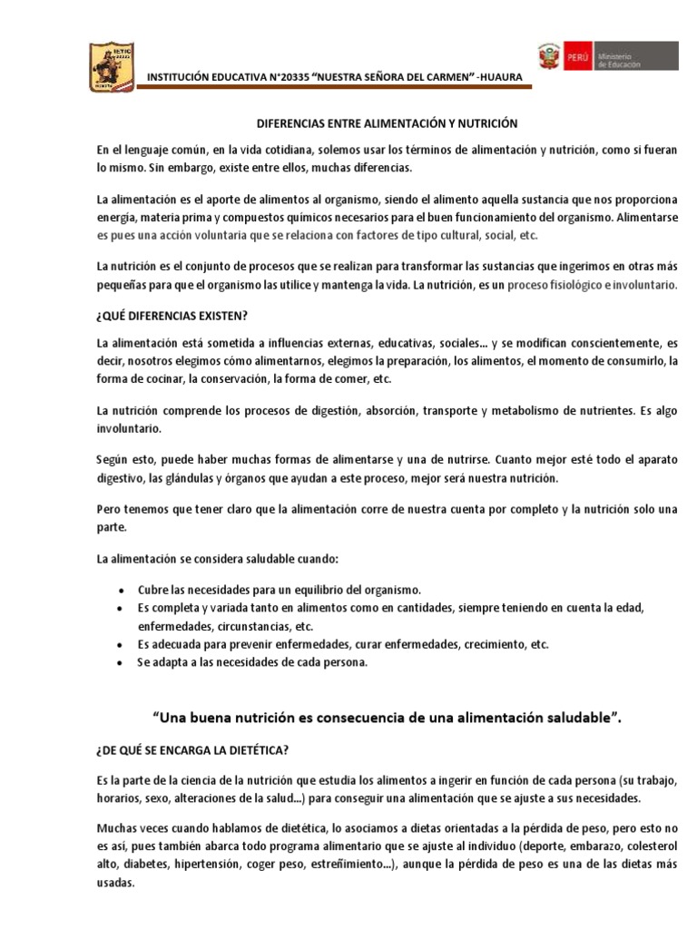 Diferencias Entre Alimentación Y Nutrición Pdf Nutrición Dieta Y
