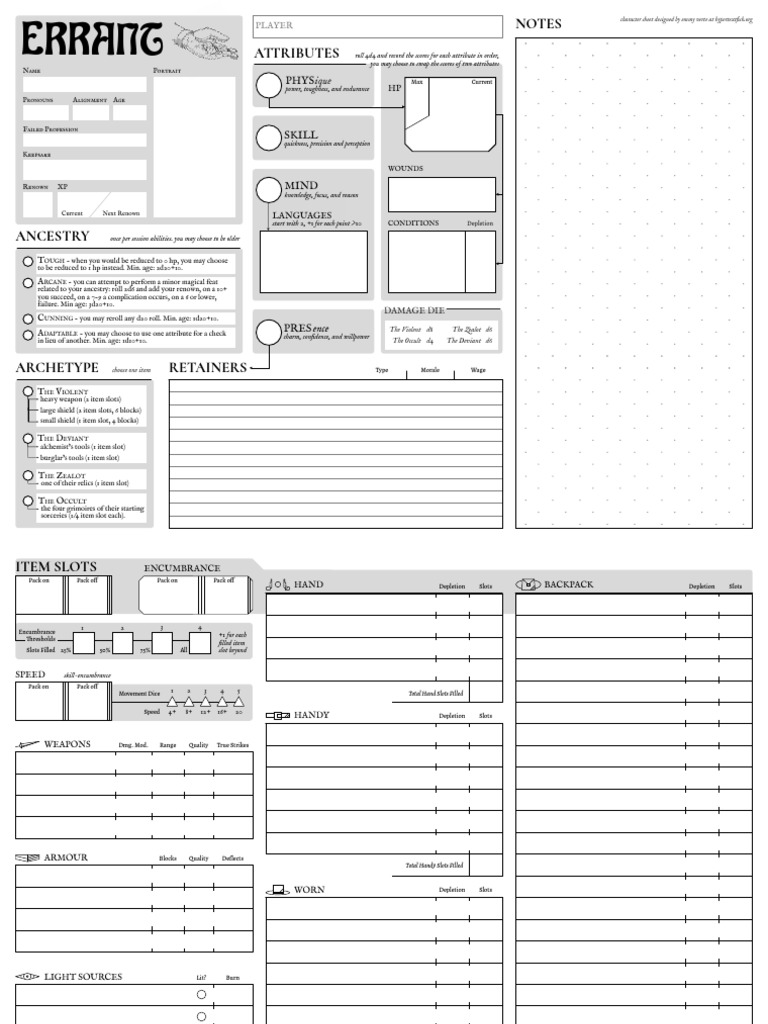 Errant RPG Character Sheet | Download Free PDF | Role Playing Games | Gaming