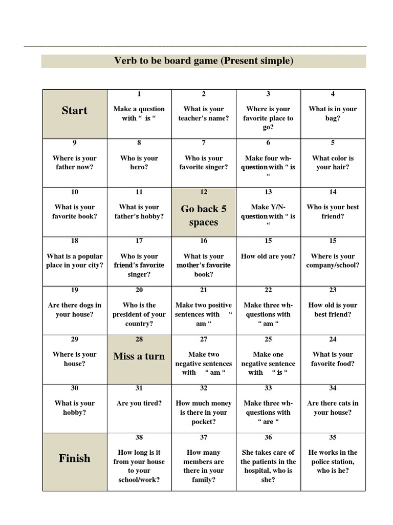 Verb to Be Board Gamepresent Simple | PDF | Syntax | Cognitive Science