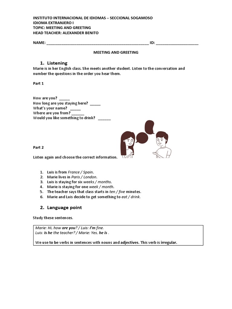 Meeting and Greeting Worksheet | PDF | English Language | Cognitive Science