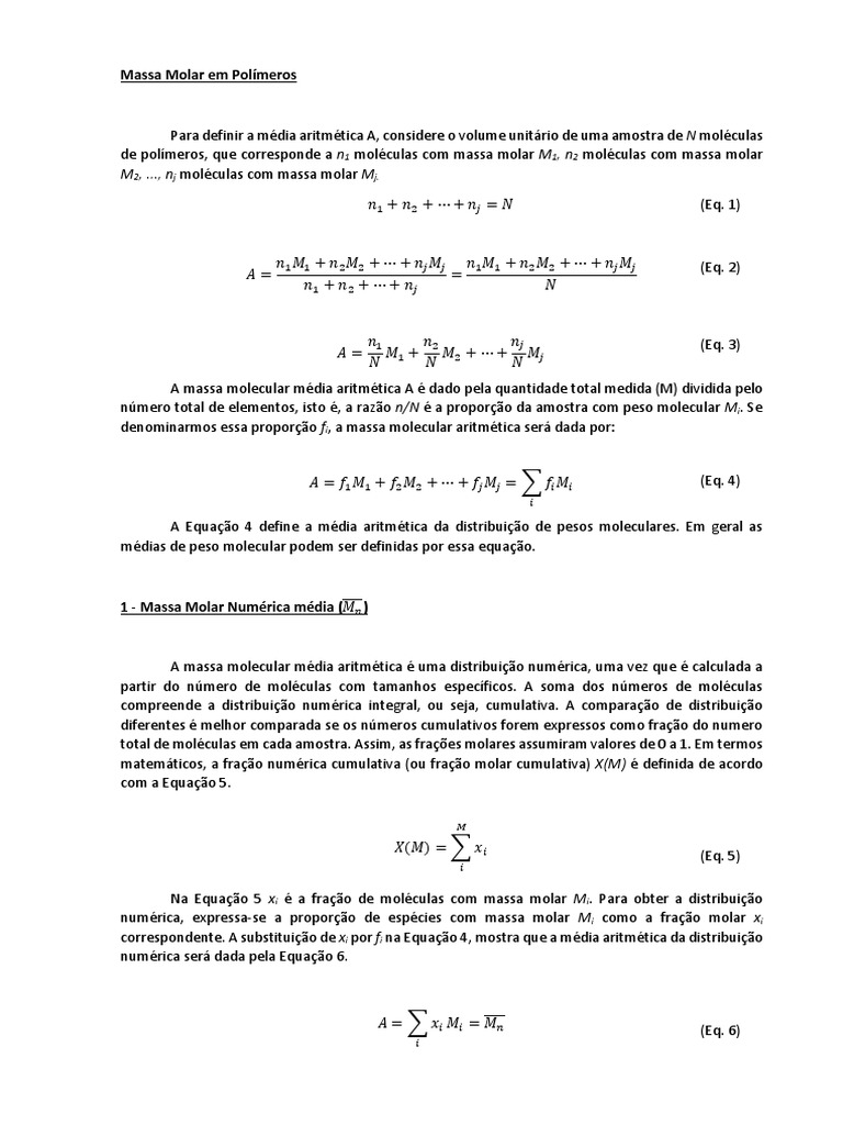 Massa Molar Em Polímeros Pdf Média Massa Molecular