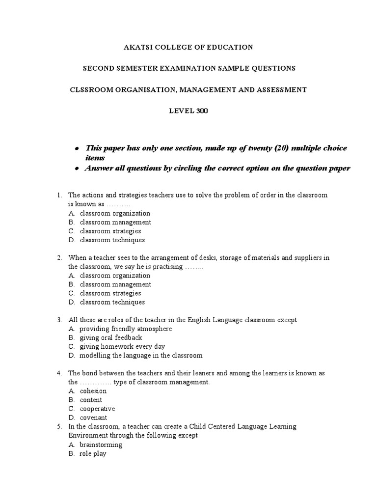 Classroom Management Exam Sample Questions | PDF | Educational ...