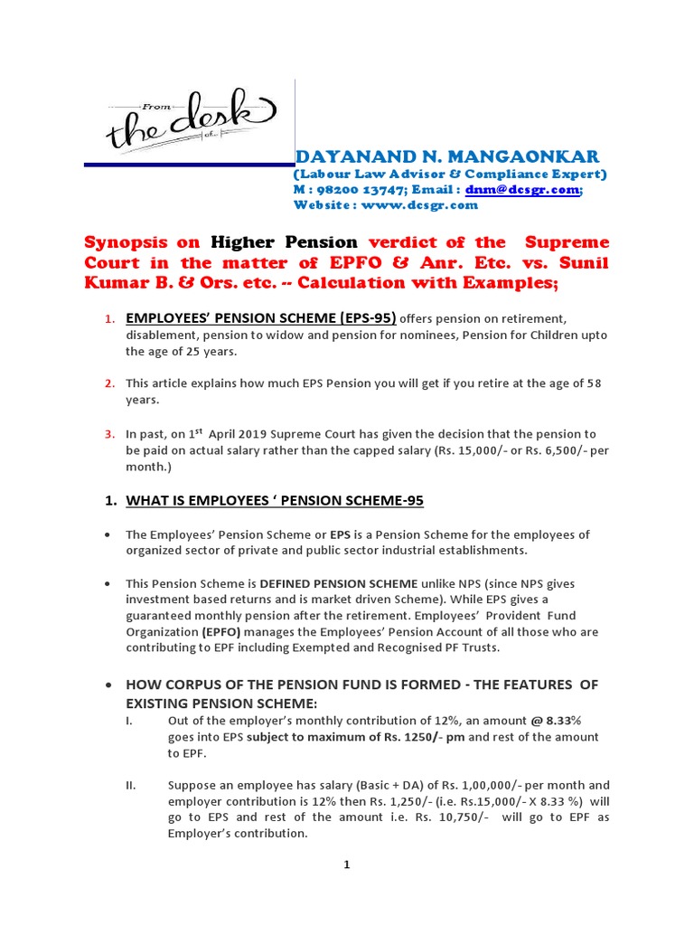 Higher Pension As Per SC Decision With Calculation - Synopsis1 | PDF ...