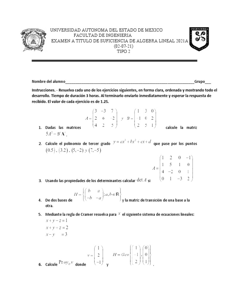 Examen A Titulo de Suficiencia de Algebra Lineal 2021 A. Tipo 2 | PDF