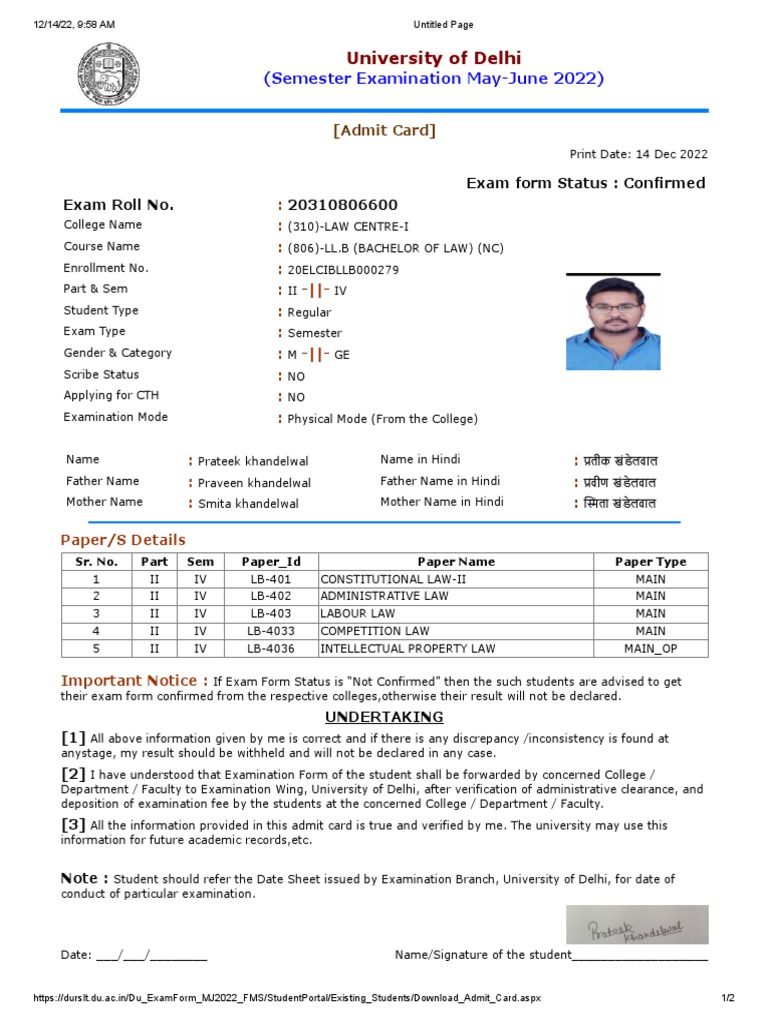 Du Admit Card 4th Sem | PDF | Test (Assessment)