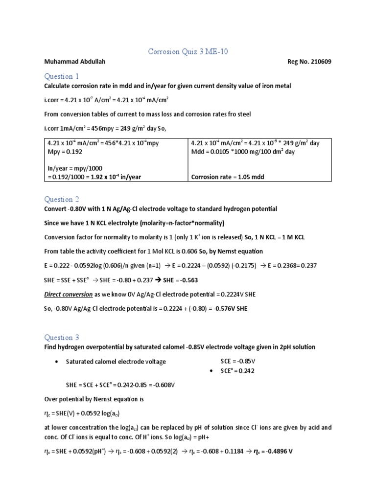 Calculate Corrosion Rate in MDD and In/year For Given Current Density ...