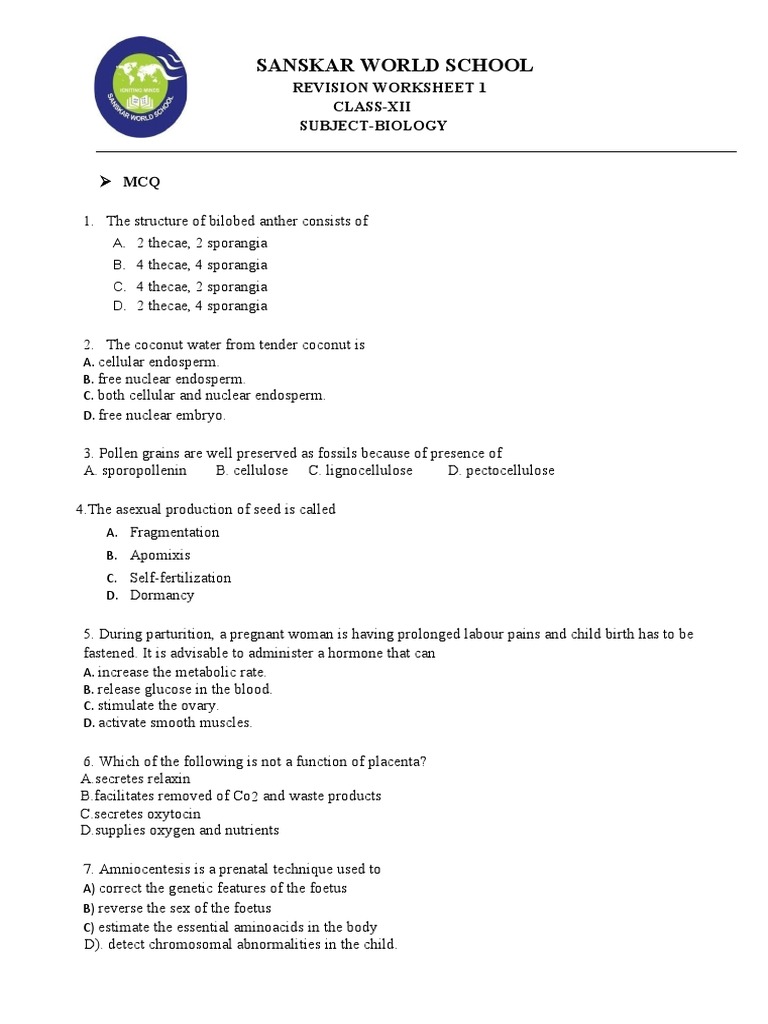 Class Xii Biology Worksheet 1 | PDF | Biology | Reproduction