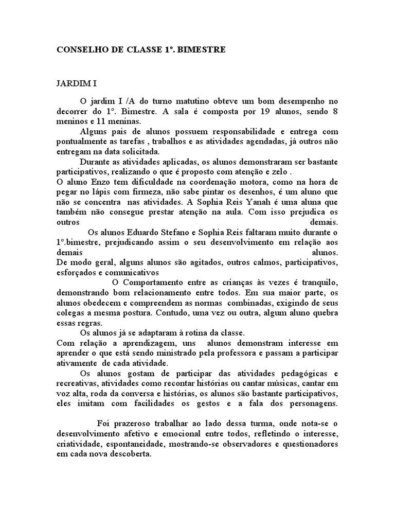 Conselho de Classe 1º B. Jardim | PDF