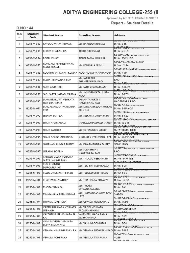Student Details Report - Aditya Engineering College | PDF | Cinema Of India