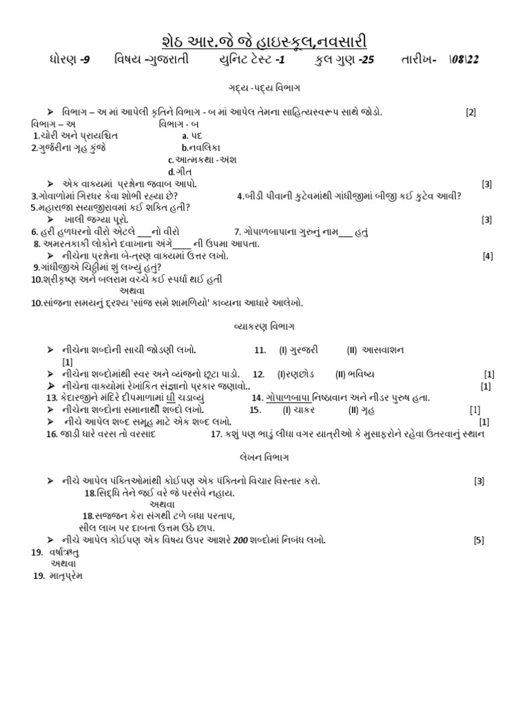 Class 9 Gujarati Unit Test 1 | PDF Class 9 Gujarati Unit Test 1 | PDF