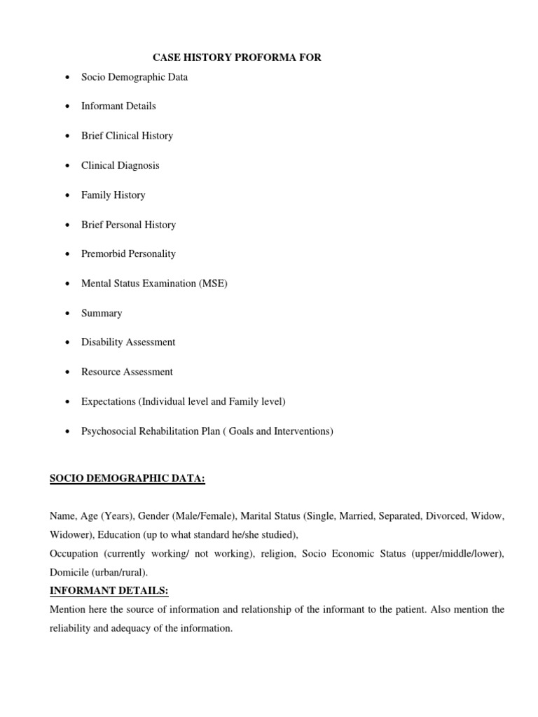 Case History Performa Modified | PDF | Family | Hallucination