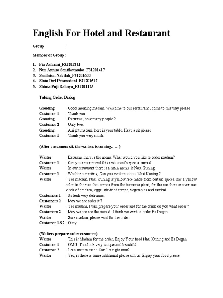 English For Hotel and Restaurant - Group 2 | PDF | Waiting Staff ...