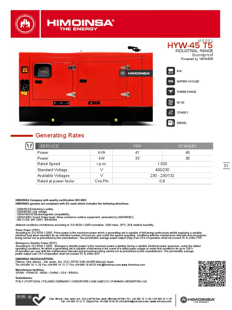 Himoinsa HYW-45 T5 Diesel Generator Specs | PDF | Electrical ...