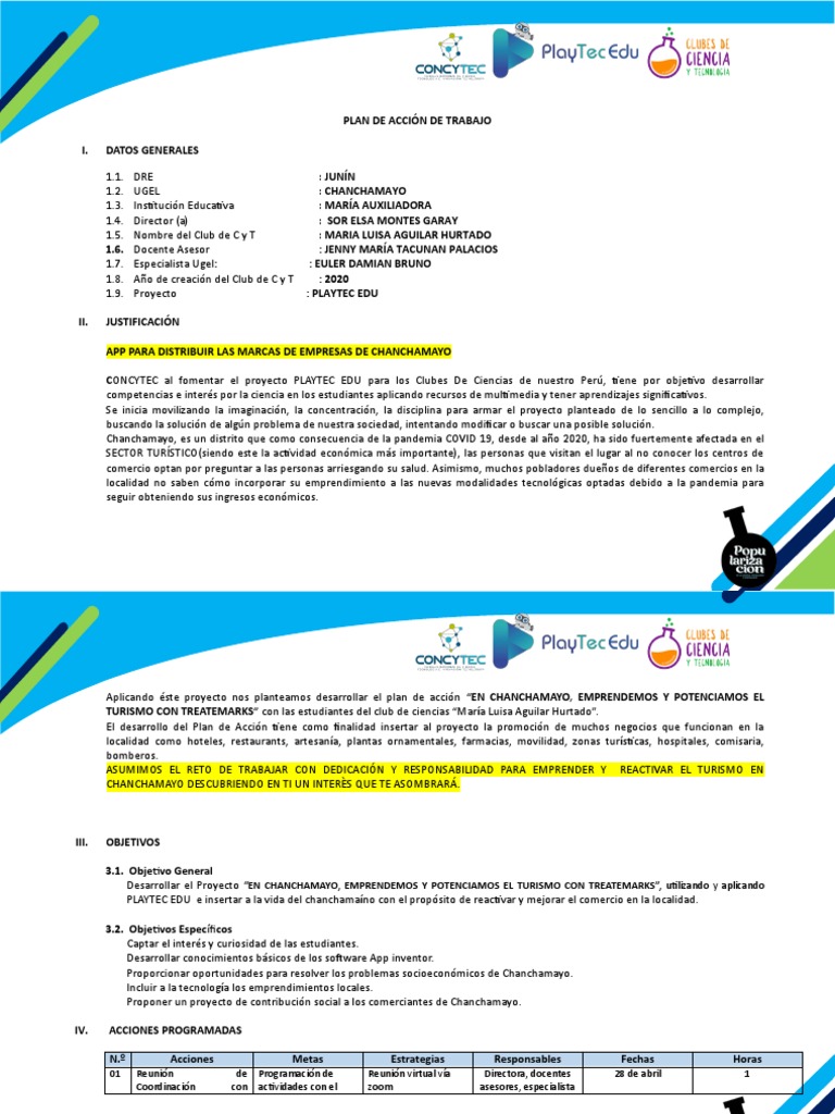 Modelo de Plan de Acción de Trabajo Playtec Edu | PDF | Turismo | Software