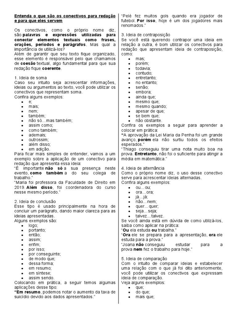 Os principais tipos de conectivos e suas funções na redação | PDF ...