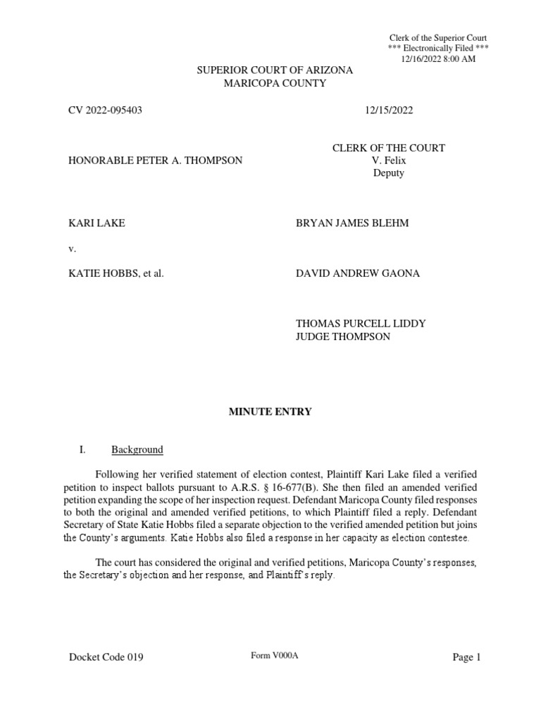 Lake v. Hobbs: Order On Ballot Inspection | PDF | Discovery (Law ...