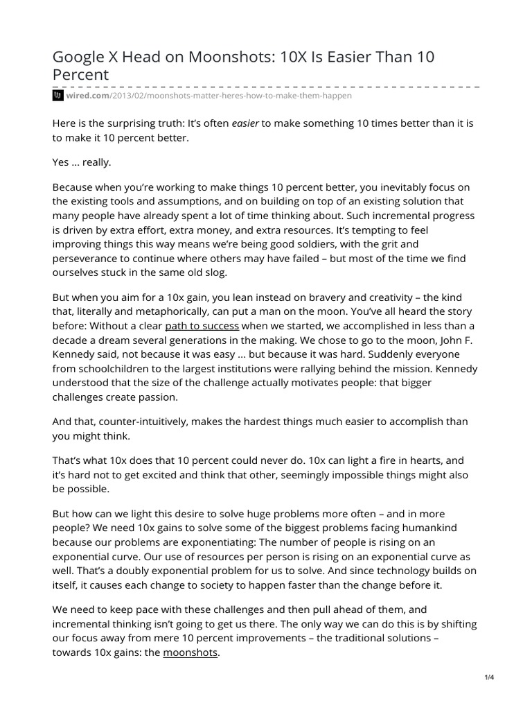 Moonshots 10X Is Easier Than 10 Percent | PDF | Thought | Creativity