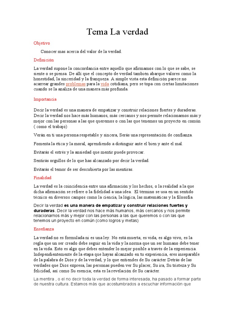 Tema La Verdad | PDF | Verdad | Moralidad