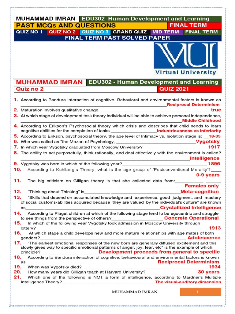 EDU302 Human Development and Learning (Past Paper) (Quiz No - 1-2-3 ... EDU302 Human Development and Learning (Past Paper) (Quiz No - 1-2-3 ...