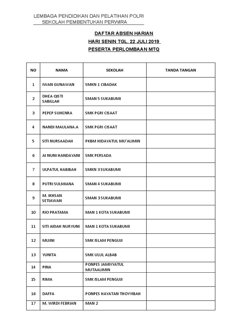 Daftar Absen Harian Peserta MTQ TGL 24 | PDF