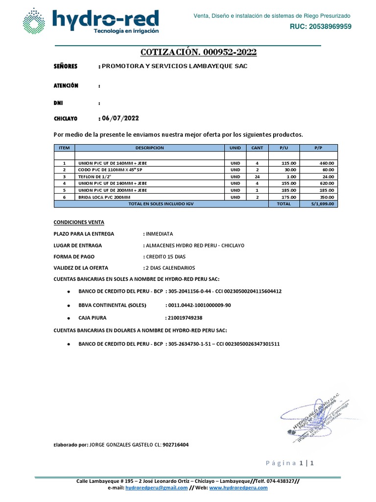 Cotización para la venta, diseño e instalación de un sistema de riego presurizado | PDF ...