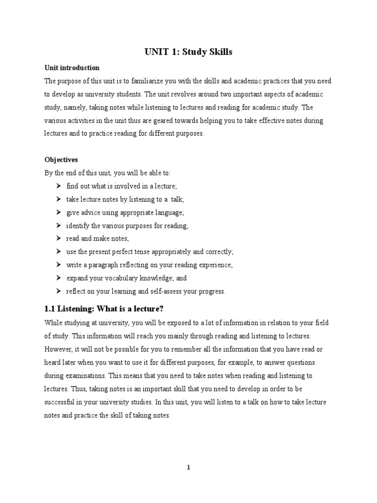UNIT 1: Study Skills | PDF | Reading Comprehension | Grammatical Tense